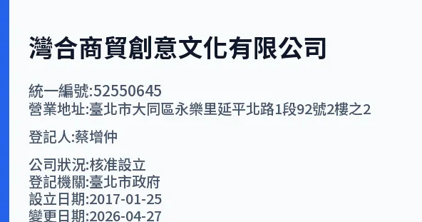 灣合商貿創意文化有限公司的照片-統編 52550645(臺北市) 公司登記資料與營業項目詳細圖表