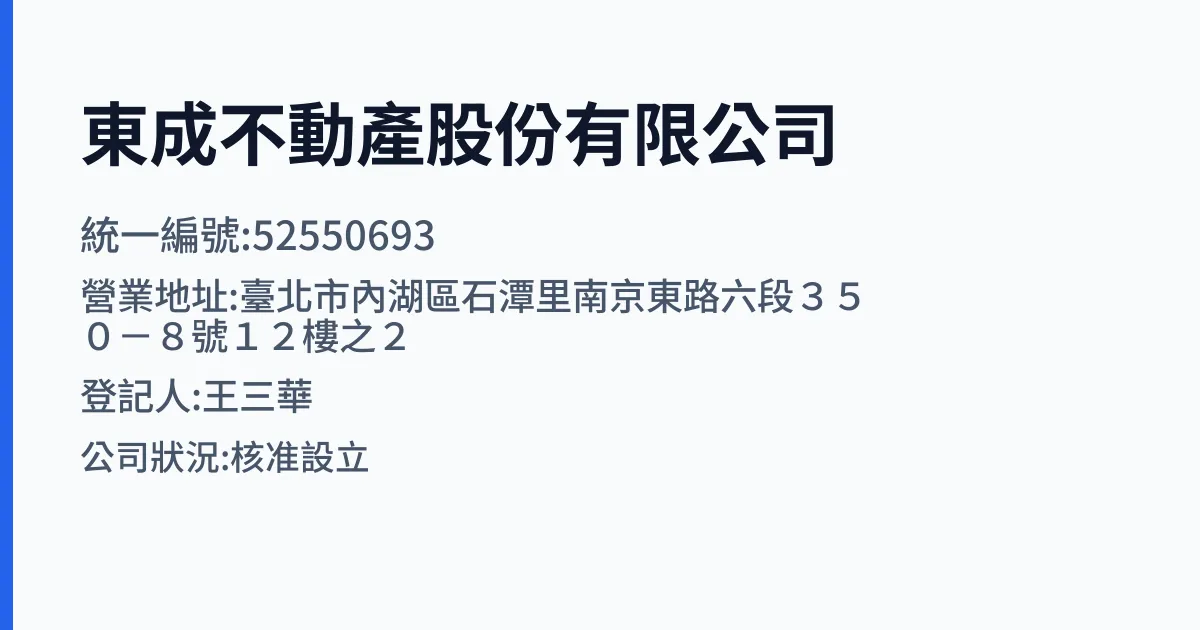 東成不動產股份有限公司 - 統編 52550693(臺北市) 公司登記資料與營業項目詳細圖表