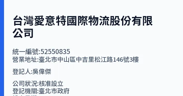 台灣愛意特國際物流股份有限公司的照片-統編 52550835(臺北市) 公司登記資料與營業項目詳細圖表