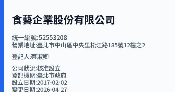食藝企業股份有限公司的照片-統編 52553208(臺北市) 公司登記資料與營業項目詳細圖表