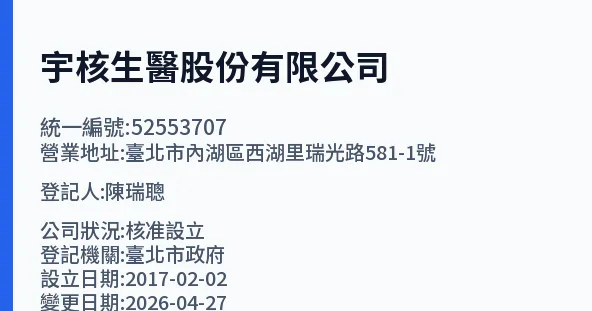宇核生醫股份有限公司的照片-統編 52553707(臺北市) 公司登記資料與營業項目詳細圖表