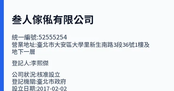叁人傢俬有限公司的照片-統編 52555254(臺北市) 公司登記資料與營業項目詳細圖表
