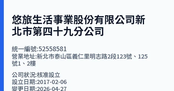 悠旅生活事業股份有限公司新北市第四十九分公司的照片-統編 52558581(新北市) 公司登記資料與營業項目詳細圖表
