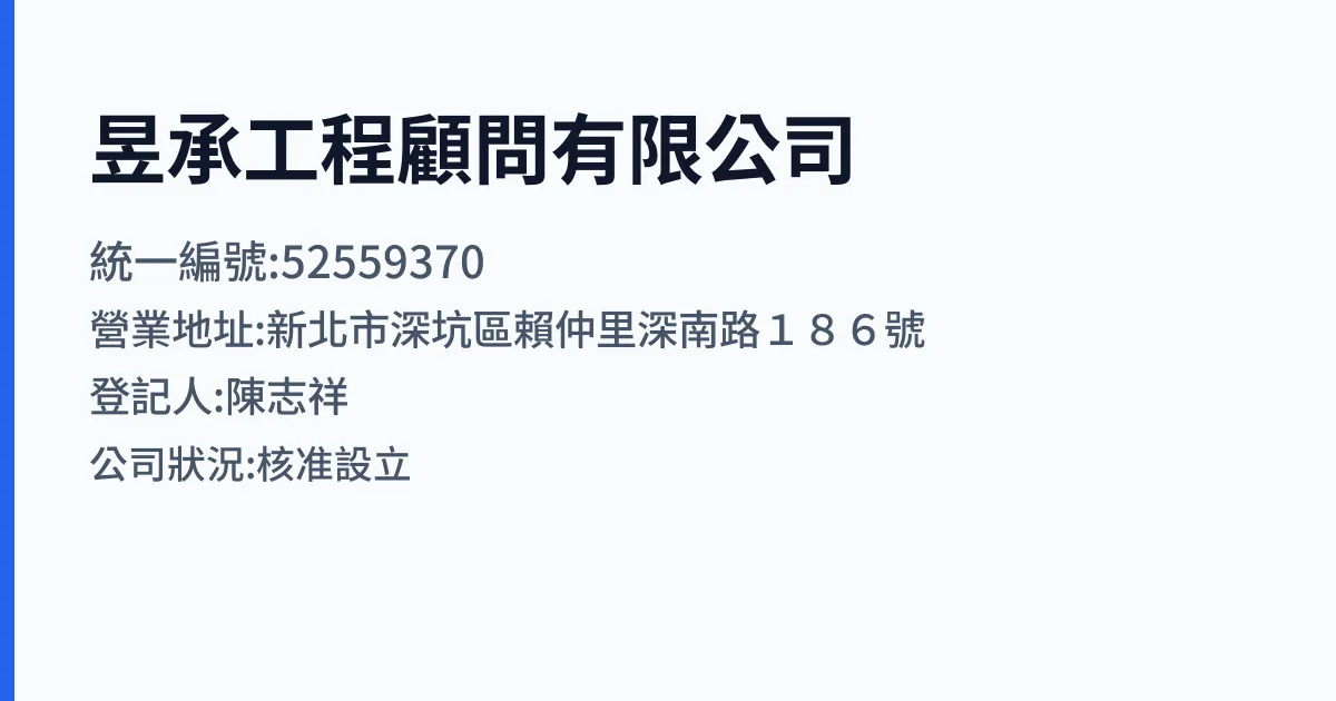 昱承工程顧問有限公司 - 統編 52559370(新北市) 公司登記資料與營業項目詳細圖表
