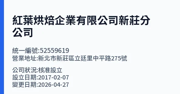 紅葉烘焙企業有限公司新莊分公司的照片-統編 52559619(新北市) 公司登記資料與營業項目詳細圖表
