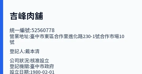 吉峰肉舖的照片-統編 52560778(臺中市) 公司登記資料與營業項目詳細圖表