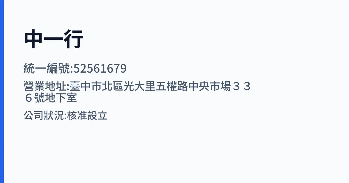 中一行 - 統編 52561679(臺中市) 公司登記資料與營業項目詳細圖表
