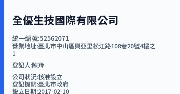 全優生技國際有限公司的照片-統編 52562071(臺北市) 公司登記資料與營業項目詳細圖表