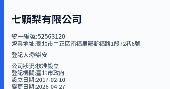七顆梨有限公司的照片-統編 52563120(臺北市) 公司登記資料與營業項目詳細圖表