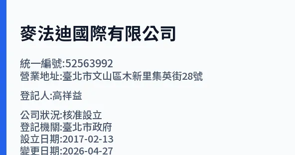 麥法迪國際有限公司的照片-統編 52563992(臺北市) 公司登記資料與營業項目詳細圖表
