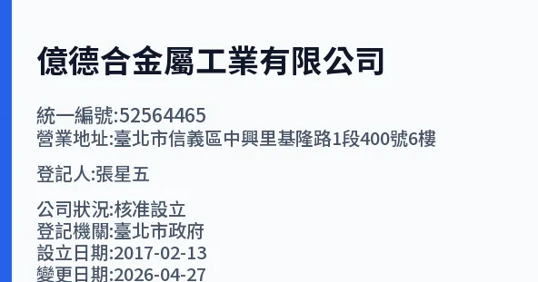 億德合金屬工業有限公司的照片-統編 52564465(臺北市) 公司登記資料與營業項目詳細圖表