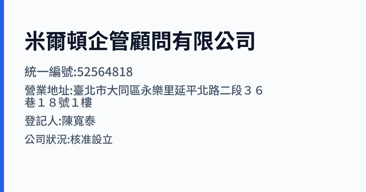 米爾頓企管顧問有限公司 - 統編 52564818(臺北市) 公司登記資料與營業項目詳細圖表