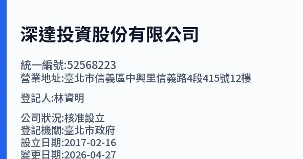 深達投資股份有限公司的照片-統編 52568223(臺北市) 公司登記資料與營業項目詳細圖表