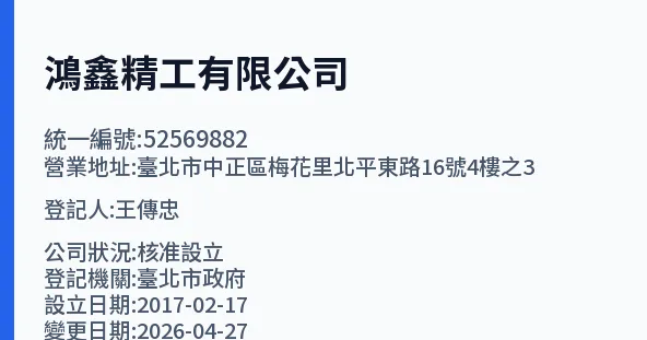 鴻鑫精工有限公司的照片-統編 52569882(臺北市) 公司登記資料與營業項目詳細圖表