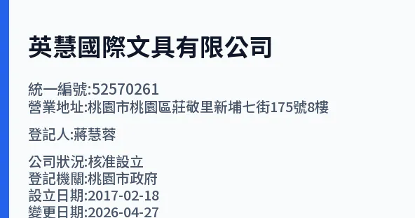 英慧國際文具有限公司的照片-統編 52570261(桃園市) 公司登記資料與營業項目詳細圖表