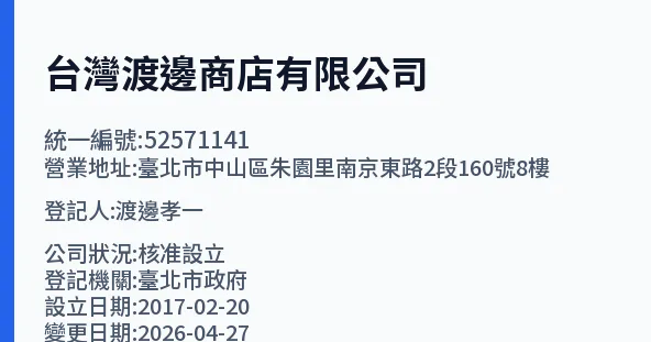 台灣渡邊商店有限公司的照片-統編 52571141(臺北市) 公司登記資料與營業項目詳細圖表