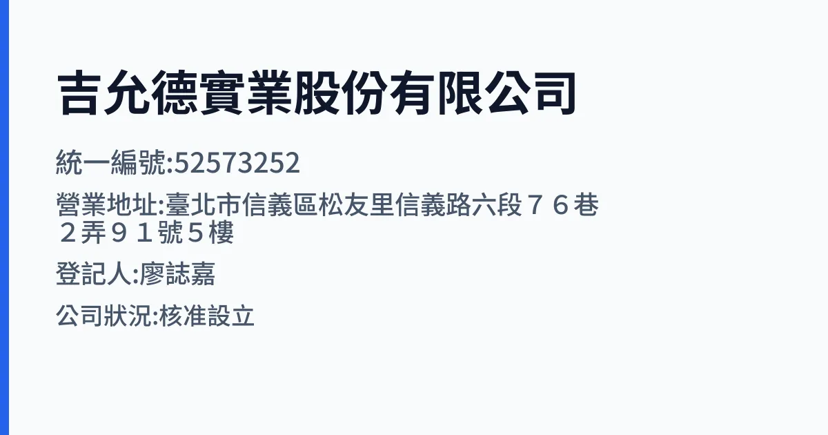 吉允德實業股份有限公司 - 統編 52573252(臺北市) 公司登記資料與營業項目詳細圖表