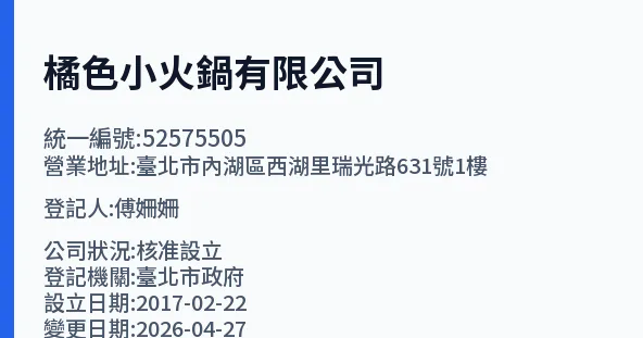 橘色小火鍋有限公司的照片-統編 52575505(臺北市) 公司登記資料與營業項目詳細圖表