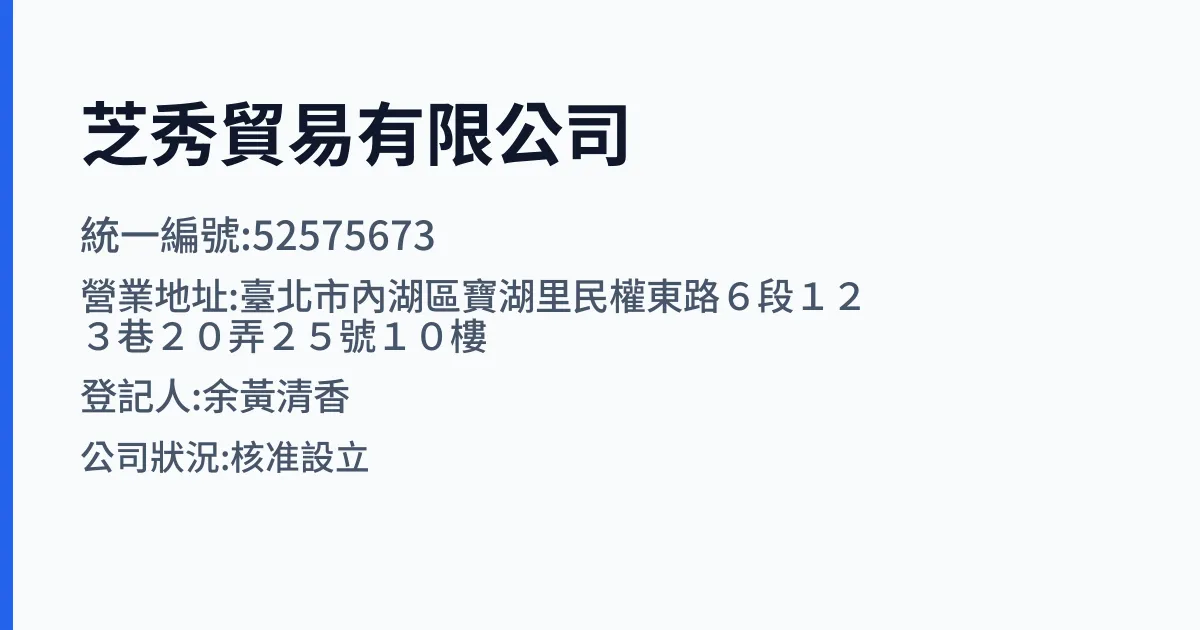 芝秀貿易有限公司 - 統編 52575673(臺北市) 公司登記資料與營業項目詳細圖表