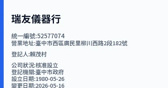 瑞友儀器行的照片-統編 52577074(臺中市) 公司登記資料與營業項目詳細圖表