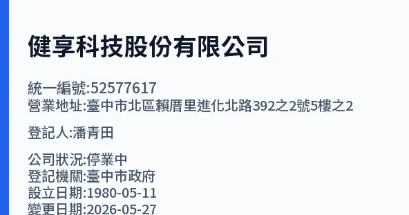 健享科技股份有限公司的照片-統編 52577617(臺中市) 公司登記資料與營業項目詳細圖表