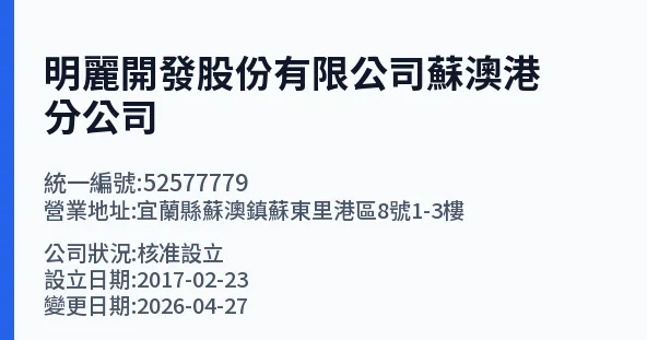 明麗開發股份有限公司蘇澳港分公司的照片-統編 52577779(宜蘭縣) 公司登記資料與營業項目詳細圖表