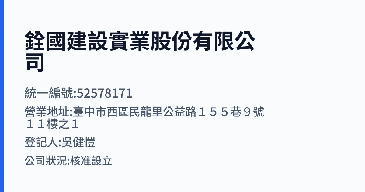 銓國建設實業股份有限公司 - 統編 52578171(臺中市) 公司登記資料與營業項目詳細圖表