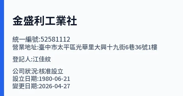 金盛利工業社的照片-統編 52581112(臺中市) 公司登記資料與營業項目詳細圖表