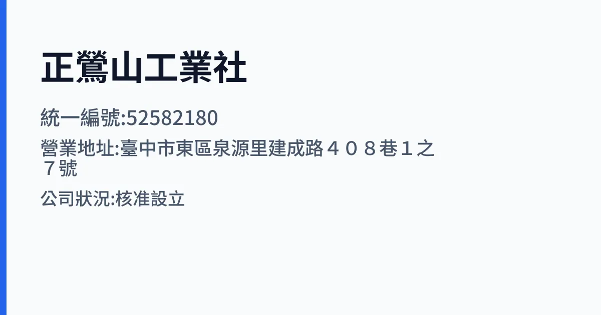 正鶯山工業社 - 統編 52582180(臺中市) 公司登記資料與營業項目詳細圖表