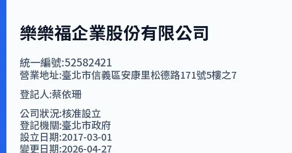 樂樂福企業股份有限公司的照片-統編 52582421(臺北市) 公司登記資料與營業項目詳細圖表