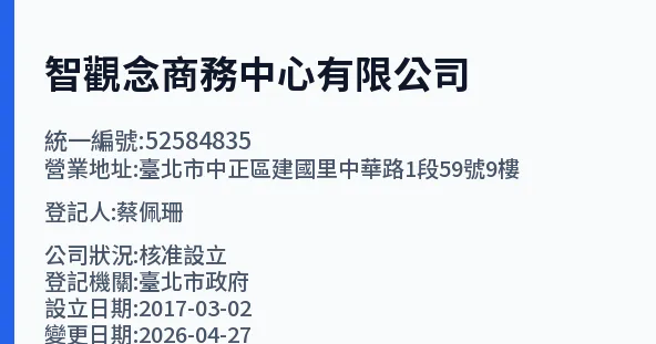 智觀念商務中心有限公司的照片-統編 52584835(臺北市) 公司登記資料與營業項目詳細圖表