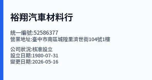 裕翔汽車材料行的照片-統編 52586377(臺中市) 公司登記資料與營業項目詳細圖表