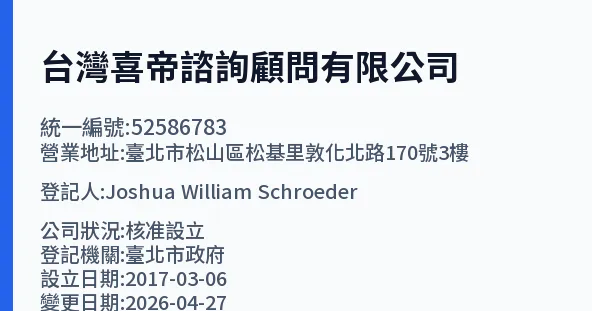 台灣喜帝諮詢顧問有限公司的照片-統編 52586783(臺北市) 公司登記資料與營業項目詳細圖表