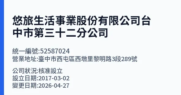 悠旅生活事業股份有限公司台中市第三十二分公司的照片-統編 52587024(臺中市) 公司登記資料與營業項目詳細圖表