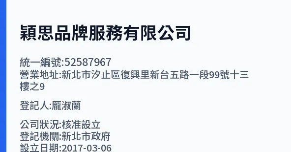 穎思品牌服務有限公司的照片-統編 52587967(新北市) 公司登記資料與營業項目詳細圖表
