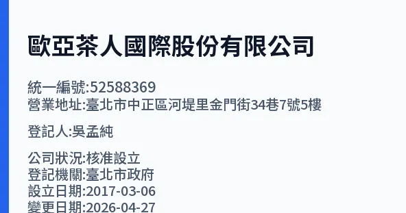 歐亞茶人國際股份有限公司的照片-統編 52588369(臺北市) 公司登記資料與營業項目詳細圖表