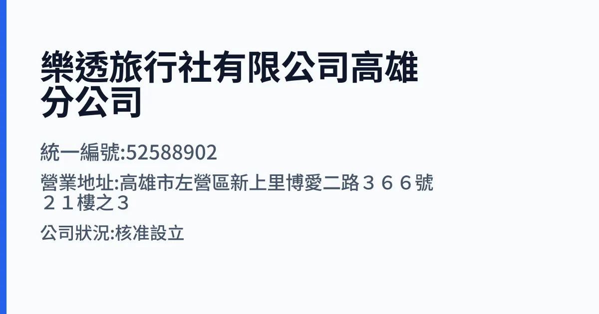 樂透旅行社有限公司高雄分公司 - 統編 52588902(高雄市) 公司登記資料與營業項目詳細圖表