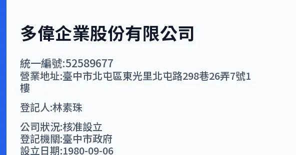 多偉企業股份有限公司的照片-統編 52589677(臺中市) 公司登記資料與營業項目詳細圖表