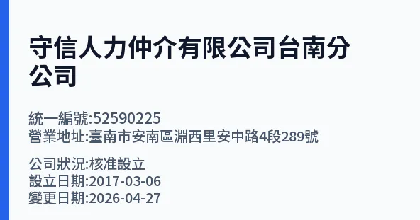 守信人力仲介有限公司台南分公司的照片-統編 52590225(臺南市) 公司登記資料與營業項目詳細圖表