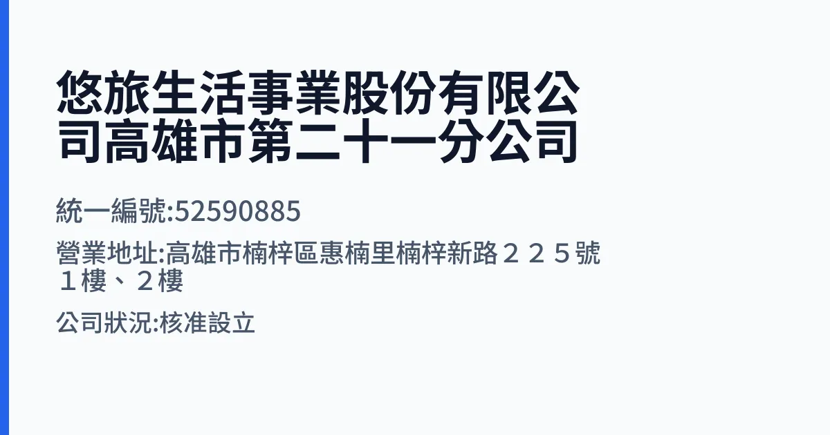 悠旅生活事業股份有限公司高雄市第二十一分公司 - 統編 52590885(高雄市) 公司登記資料與營業項目詳細圖表