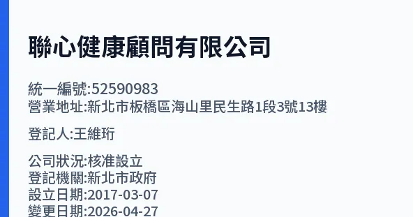 聯心健康顧問有限公司的照片-統編 52590983(新北市) 公司登記資料與營業項目詳細圖表