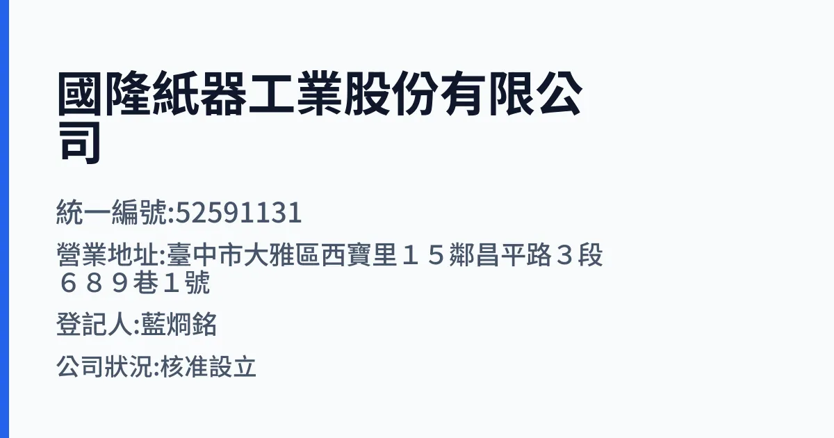 國隆紙器工業股份有限公司 - 統編 52591131(臺中市) 公司登記資料與營業項目詳細圖表