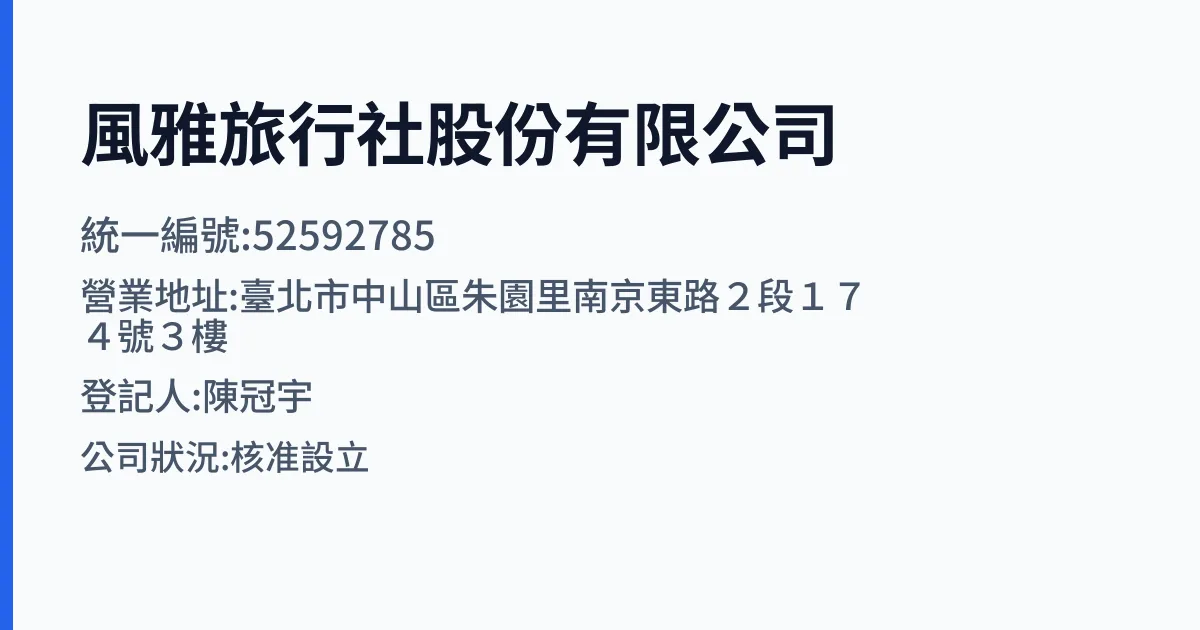 風雅旅行社股份有限公司 - 統編 52592785(臺北市) 公司登記資料與營業項目詳細圖表