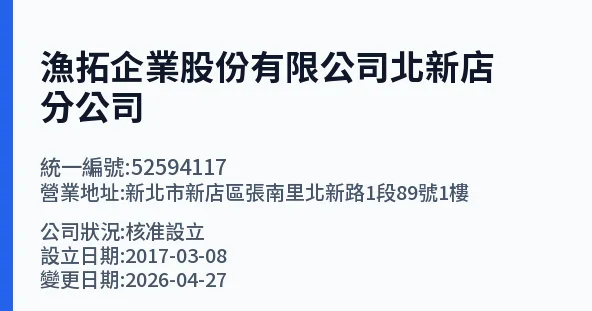 漁拓企業股份有限公司北新店分公司的照片-統編 52594117(新北市) 公司登記資料與營業項目詳細圖表