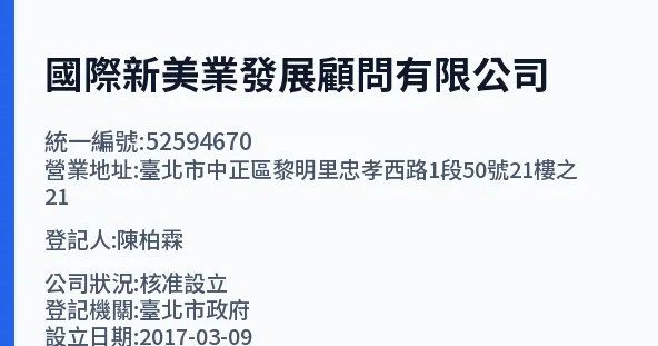 國際新美業發展顧問有限公司的照片-統編 52594670(臺北市) 公司登記資料與營業項目詳細圖表