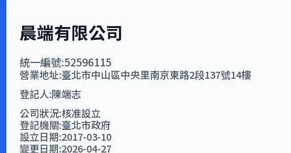 晨端有限公司的照片-統編 52596115(臺北市) 公司登記資料與營業項目詳細圖表