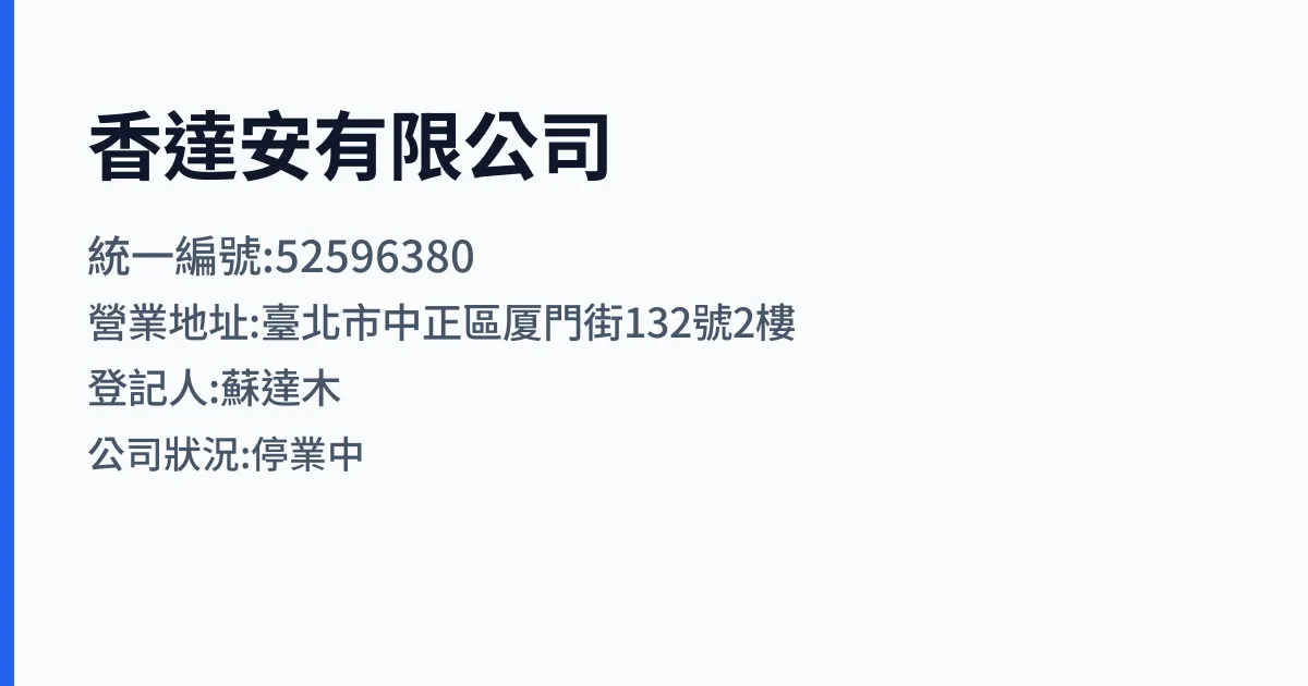 香達安有限公司 - 統編 52596380(臺北市) 公司登記資料與營業項目詳細圖表