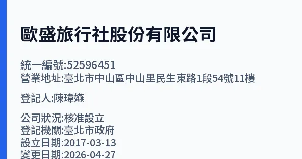 歐盛旅行社股份有限公司的照片-統編 52596451(臺北市) 公司登記資料與營業項目詳細圖表