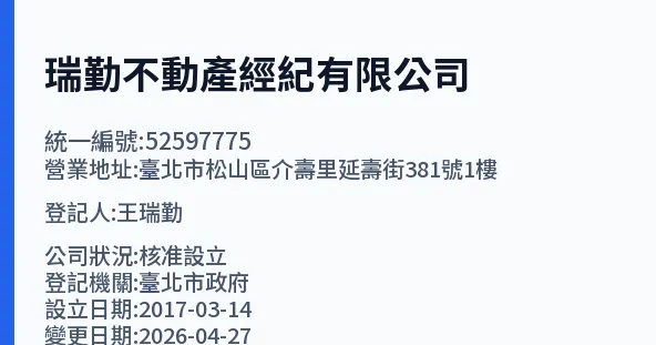瑞勤不動產經紀有限公司的照片-統編 52597775(臺北市) 公司登記資料與營業項目詳細圖表