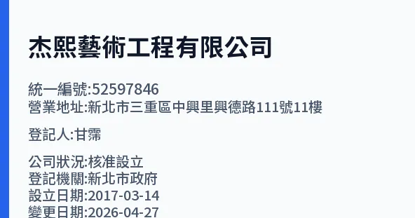 杰熙藝術工程有限公司的照片-統編 52597846(新北市) 公司登記資料與營業項目詳細圖表